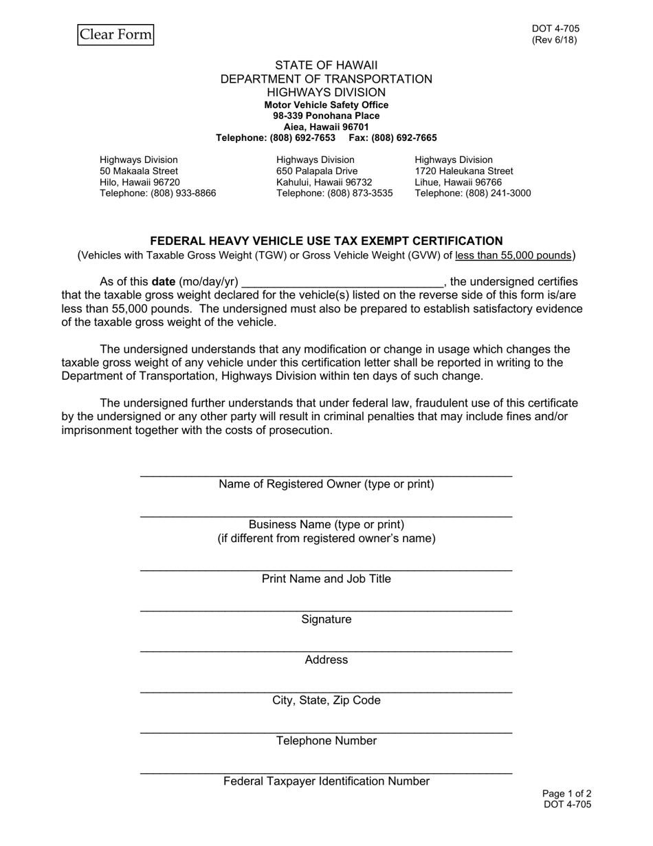 Form DOT4-705 - Fill Out, Sign Online and Download Fillable PDF, Hawaii ...