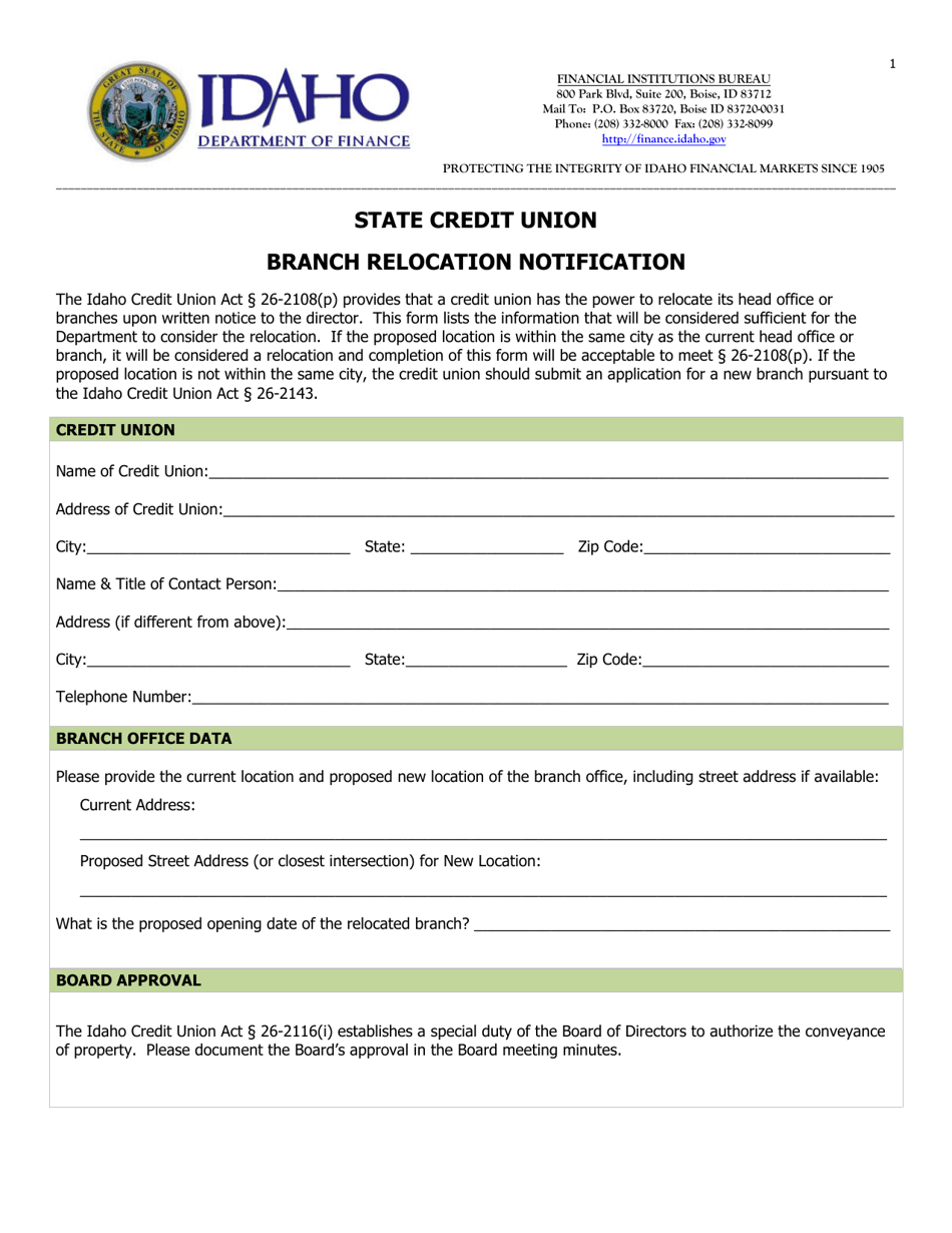 Idaho Branch Relocation Notification - State Credit Union - Fill Out ...