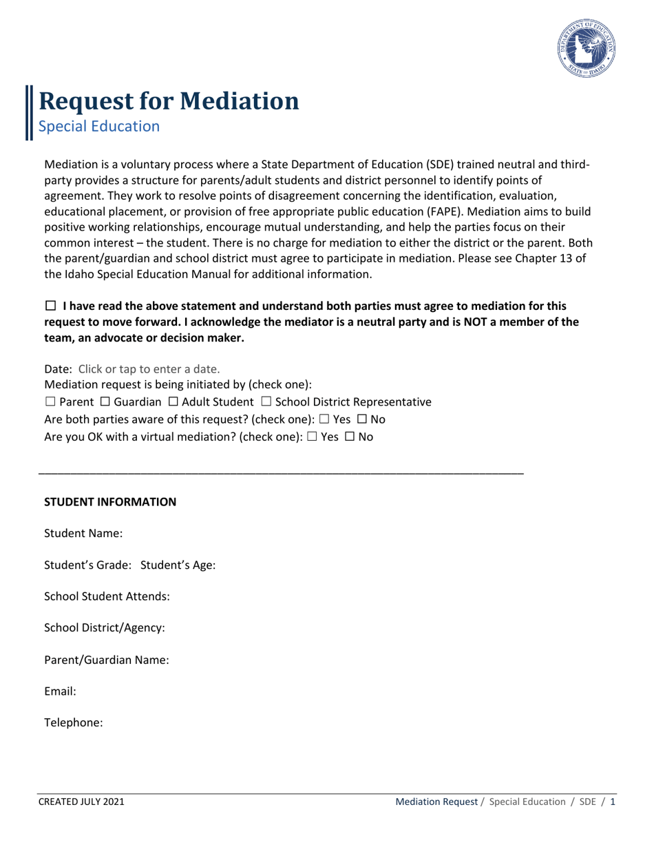 Idaho Request for Mediation - Fill Out, Sign Online and Download PDF ...