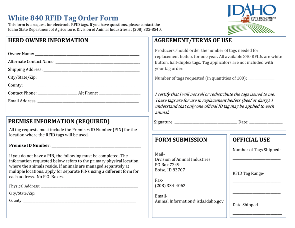 Idaho White 840 Rfid Tag Order Form - Fill Out, Sign Online and ...
