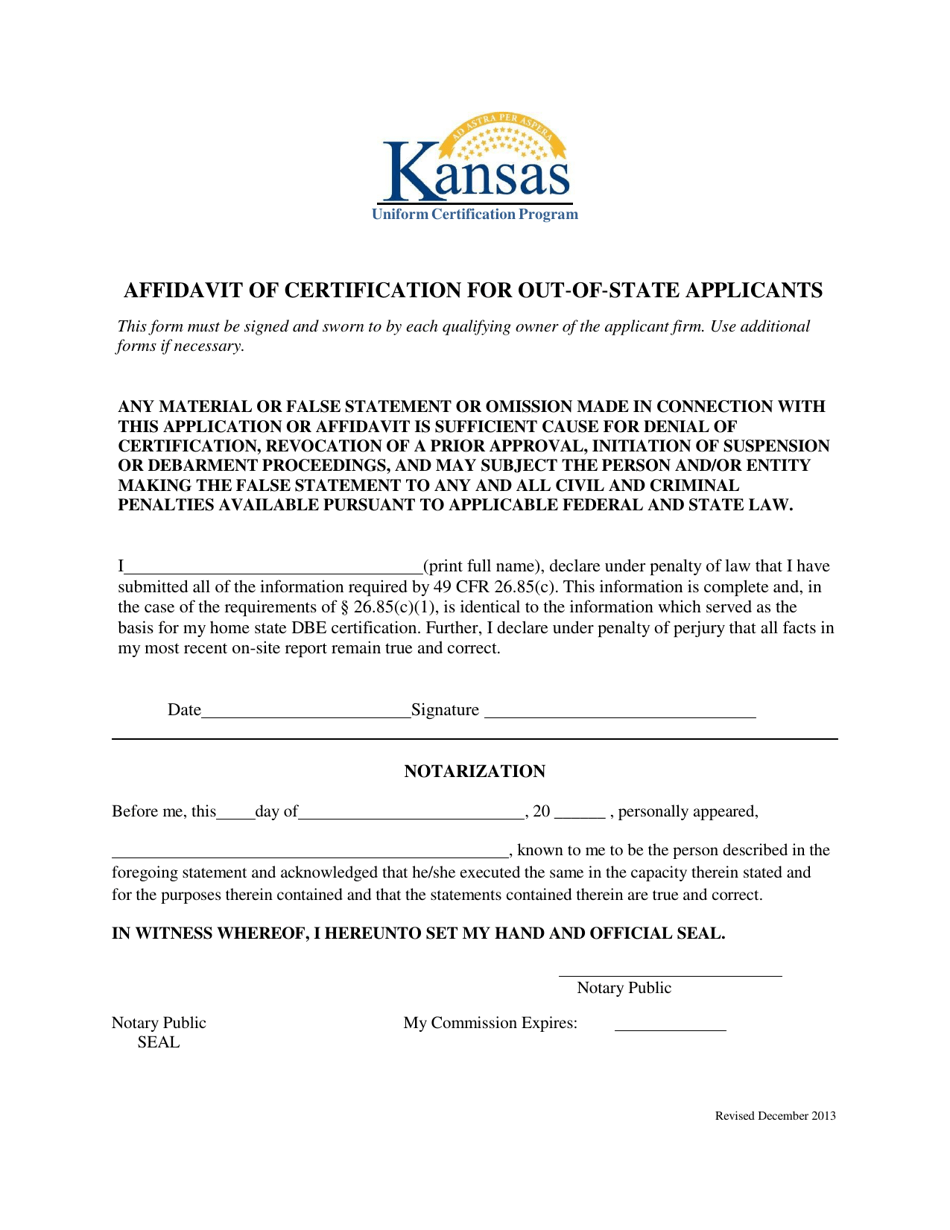 Kansas Affidavit of Certification for Out-of-State Applicants - Fill ...