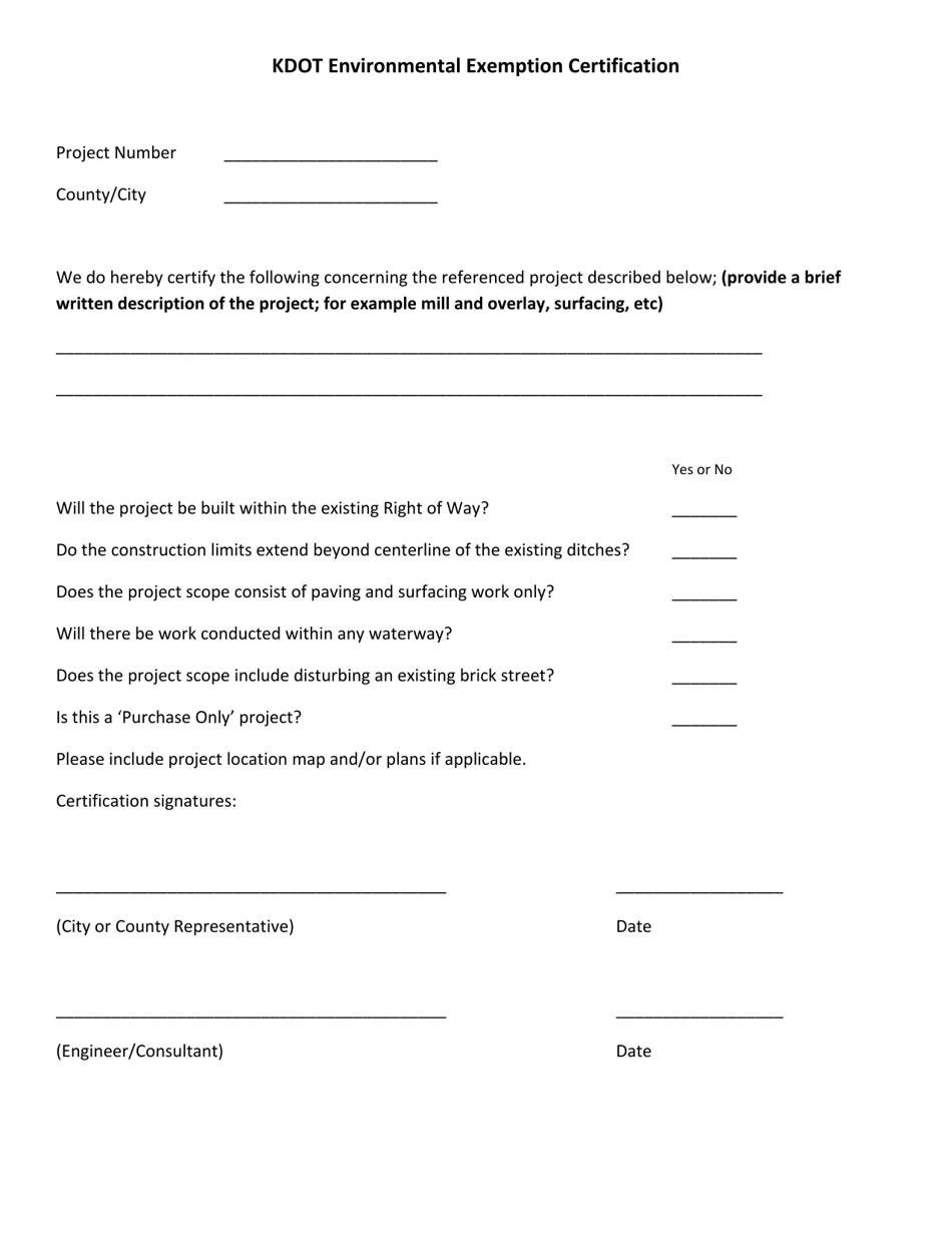 Kansas Kdot Environmental Exemption Certification - Fill Out, Sign ...