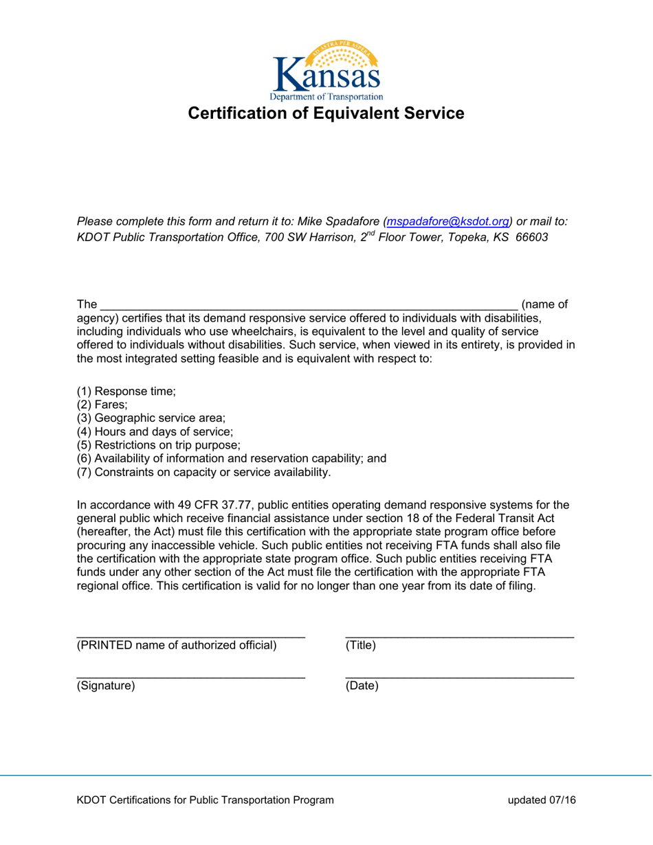 Kansas Certification of Equivalent Service - Fill Out, Sign Online and ...