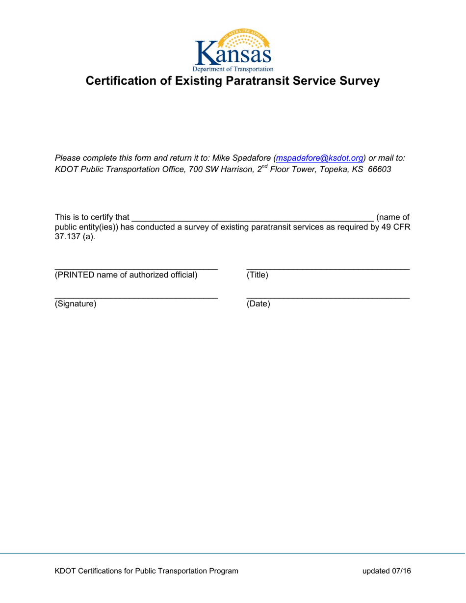 Kansas Certification of Existing Paratransit Service Survey - Fill Out ...