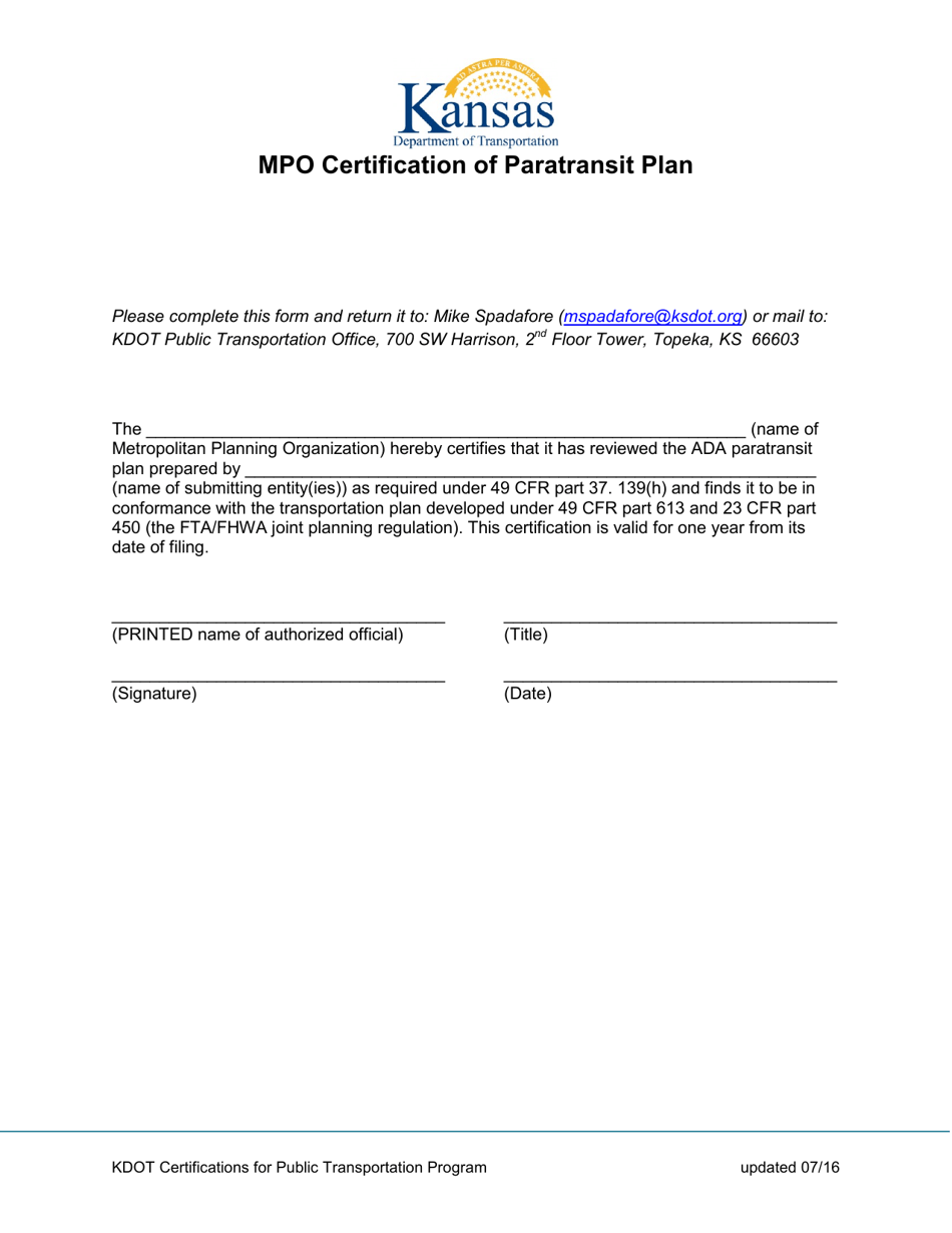 Kansas Mpo Certification of Paratransit Plan - Fill Out, Sign Online ...