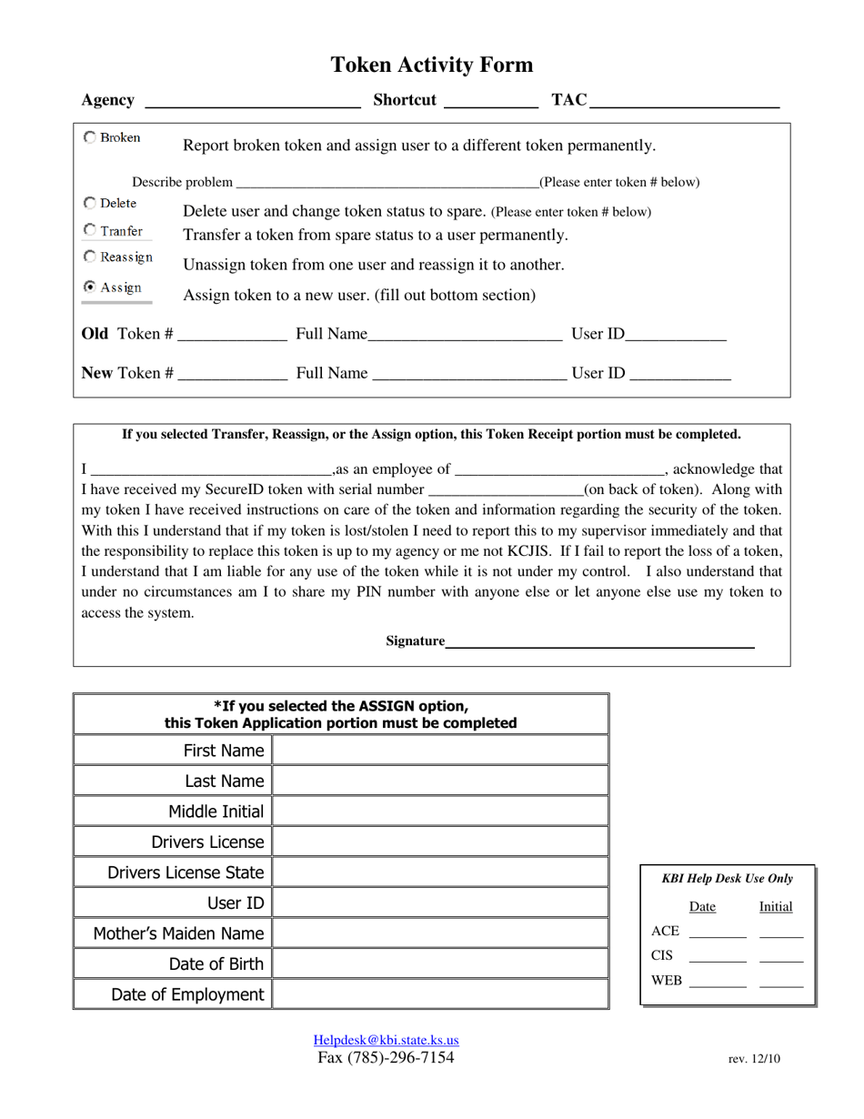 Kansas Token Activity Form - Fill Out, Sign Online and Download PDF ...