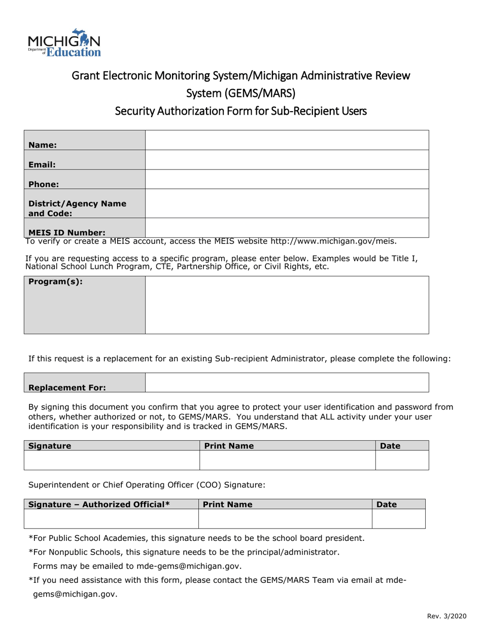 Michigan Security Authorization Form for Sub-recipient Users - Grant ...