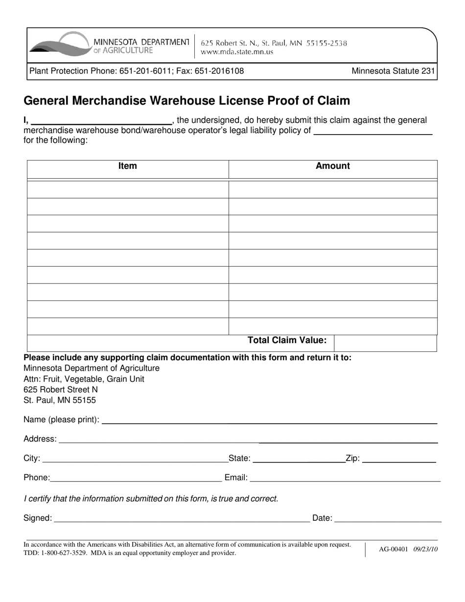 Form AG-00401 - Fill Out, Sign Online and Download Fillable PDF ...