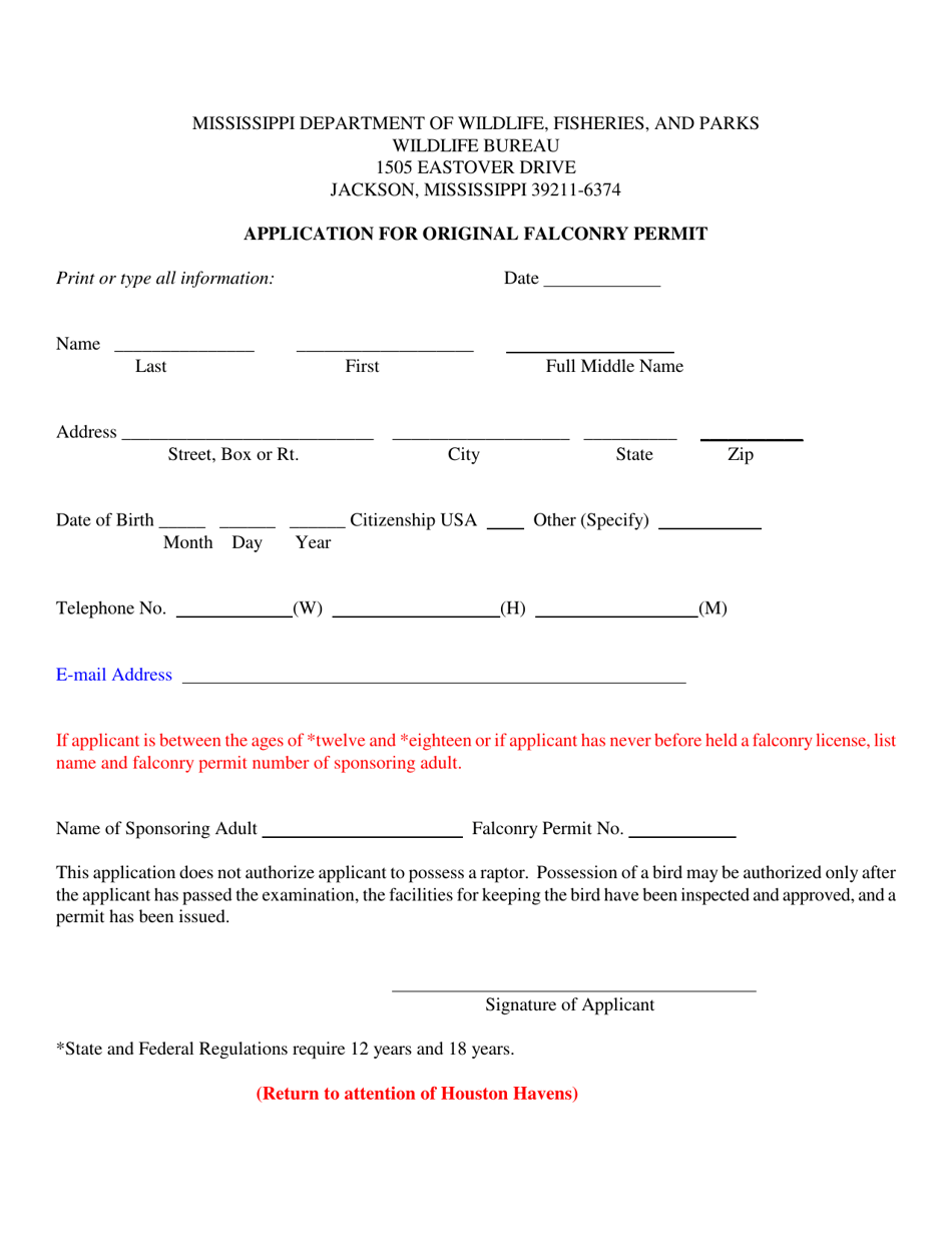 Mississippi Application for Original Falconry Permit - Fill Out, Sign ...