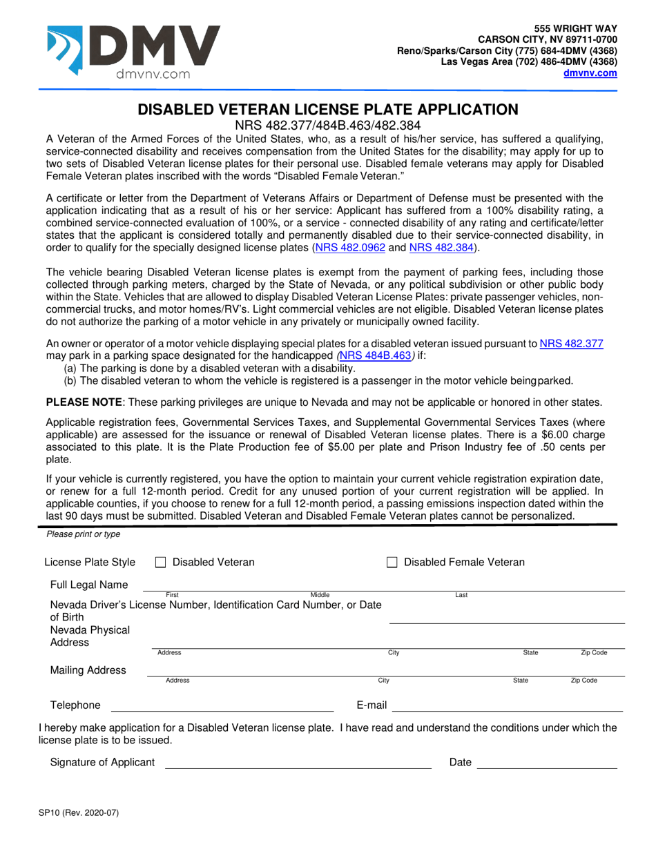 Form SP10 - Fill Out, Sign Online and Download Fillable PDF, Nevada ...