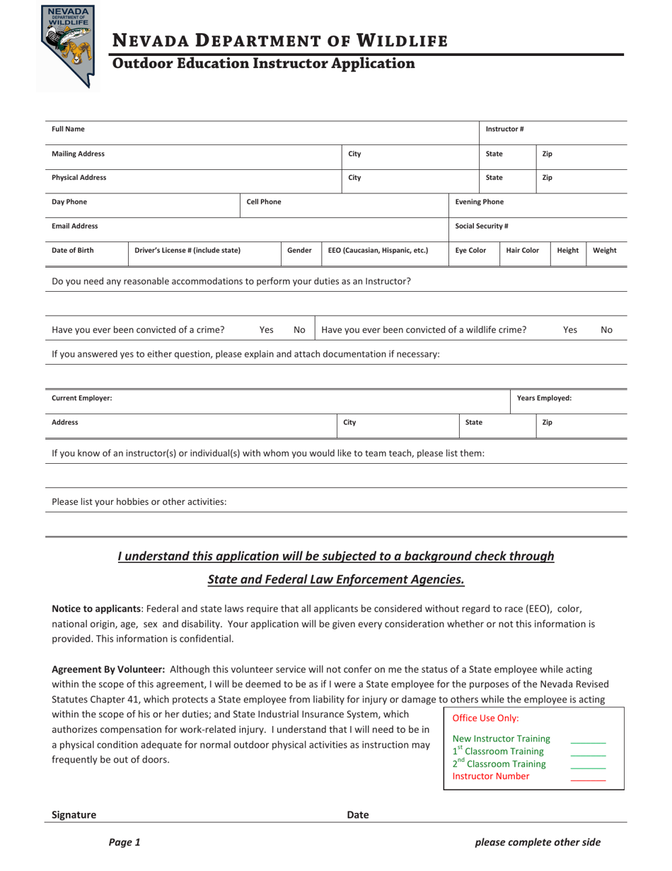Nevada Outdoor Education Instructor Application - Fill Out, Sign Online and Download PDF ...