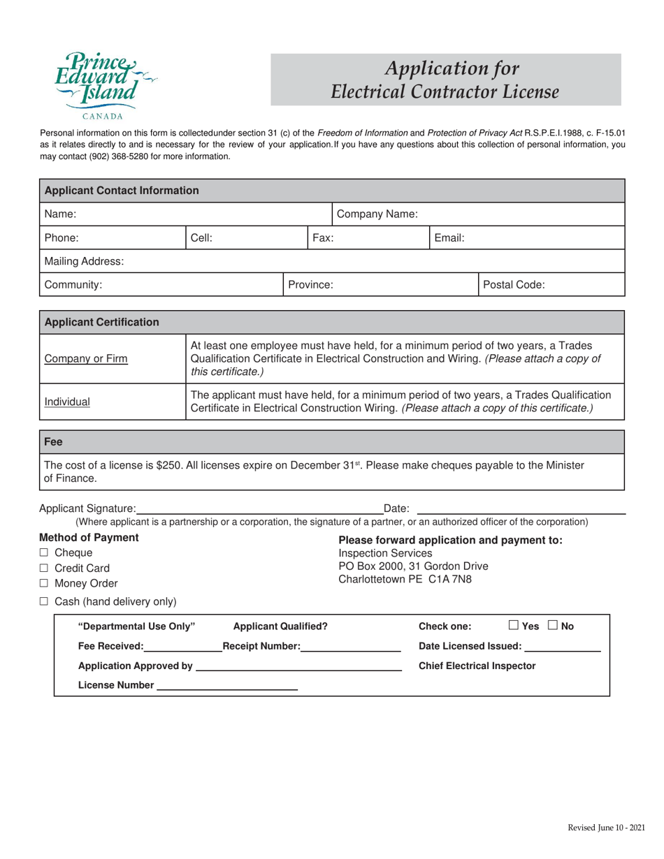 Prince Edward Island Canada Application for Electrical Contractor ...