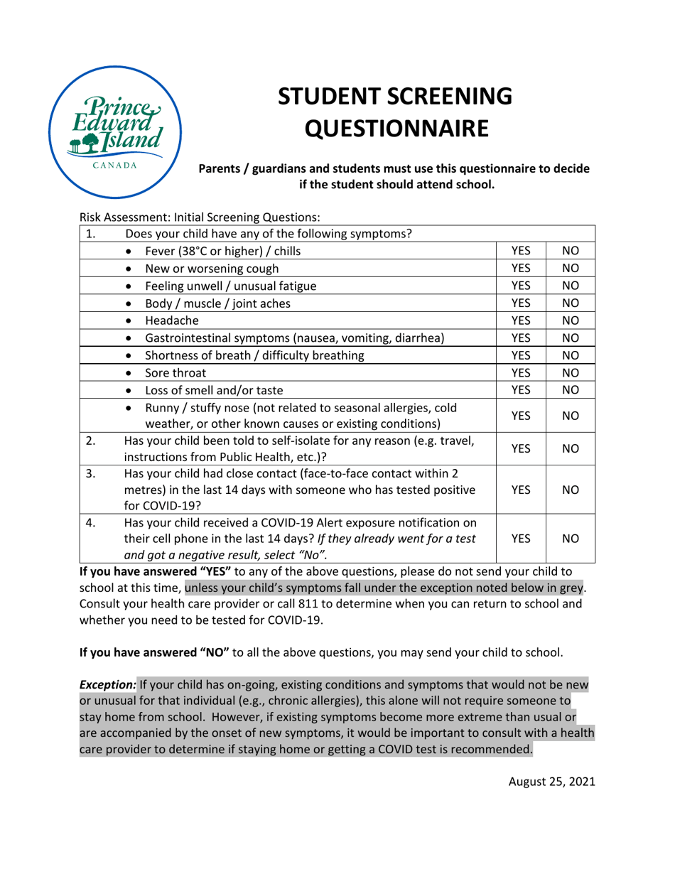 Prince Edward Island Canada Student Screening Questionnaire - Fill Out ...