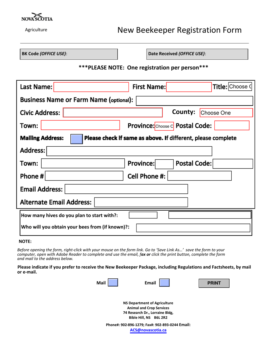 Nova Scotia Canada New Beekeeper Registration Form - Fill Out, Sign ...