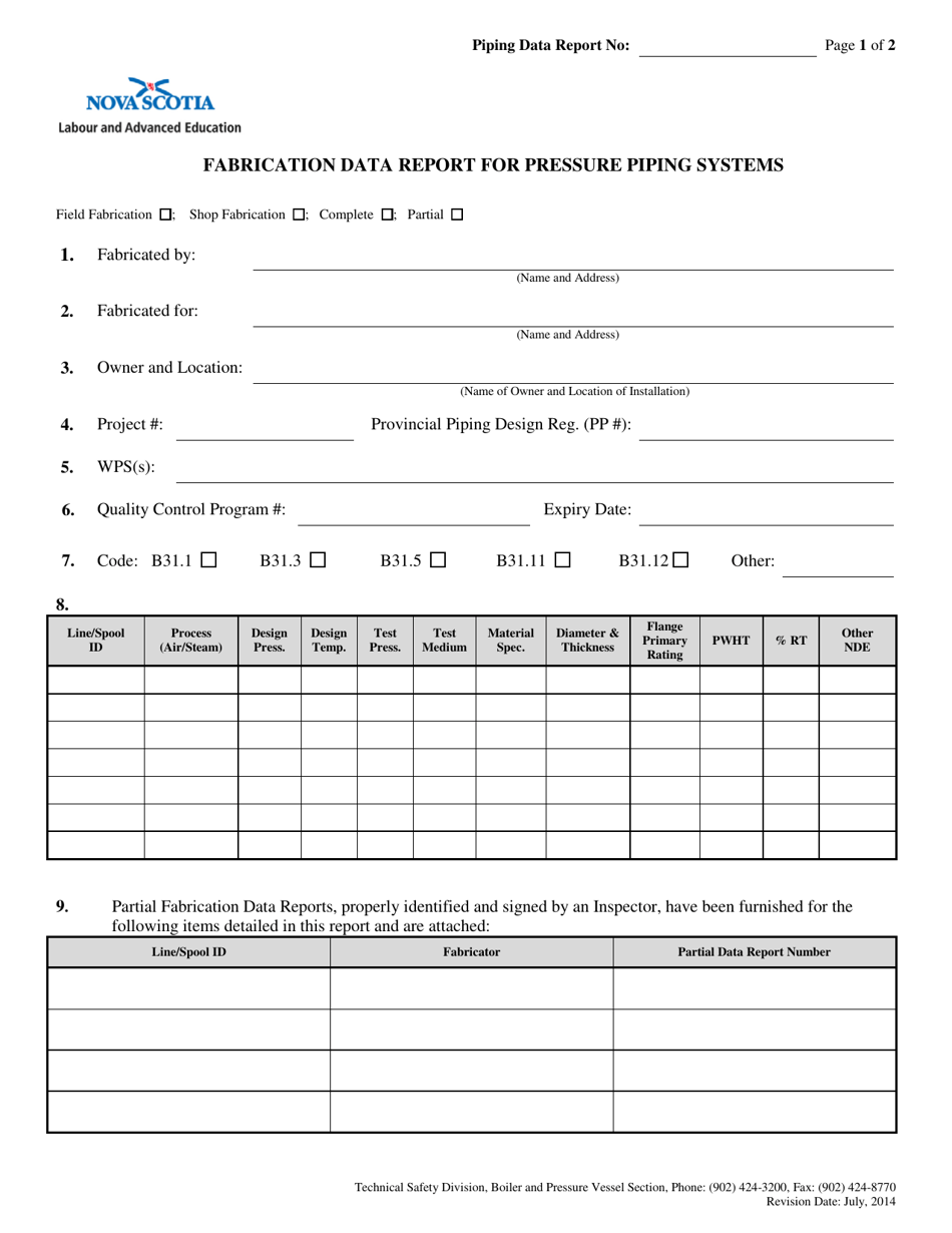 Nova Scotia Canada Fabrication Data Report for Pressure Piping Systems ...