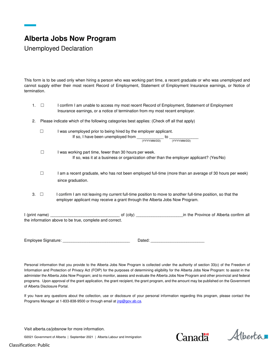Alberta Canada Unemployed Declaration - Alberta Jobs Now Program - Fill ...