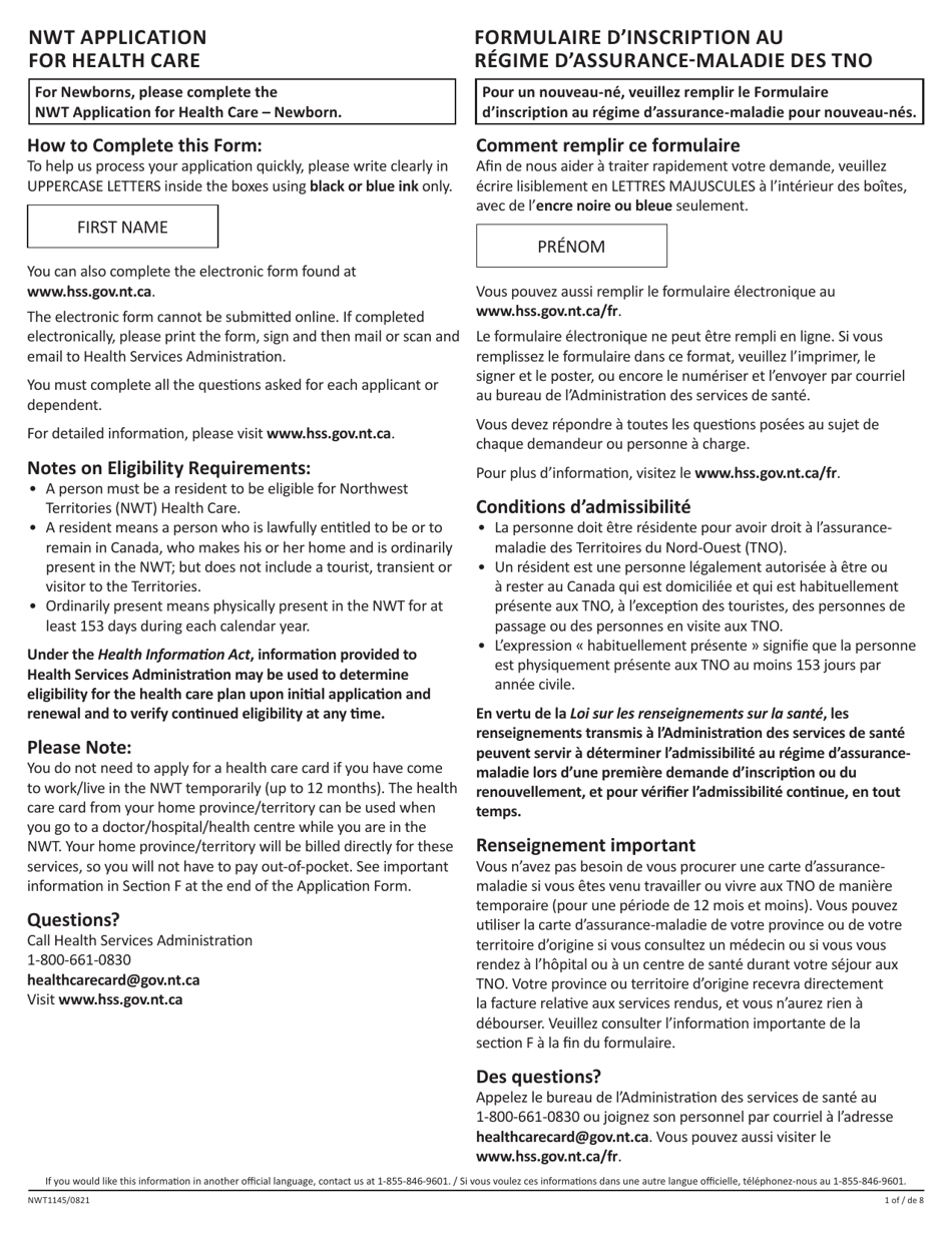 Form NWT1145 Download Fillable PDF or Fill Online Nwt Application for ...