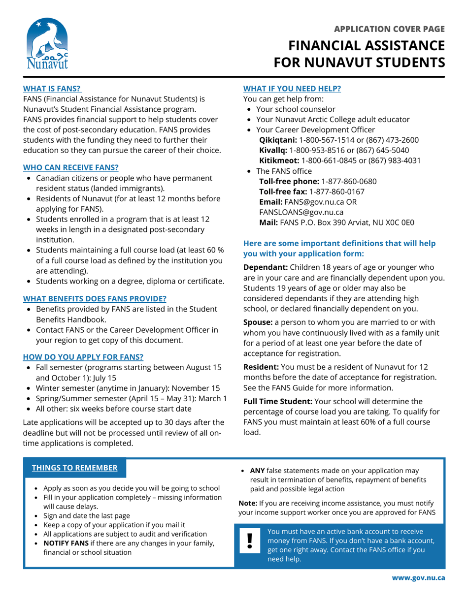 Nunavut Canada Application for Financial Assistance for Nunavut ...
