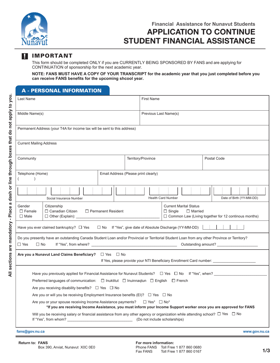 Nunavut Canada Application to Continue Student Financial Assistance ...