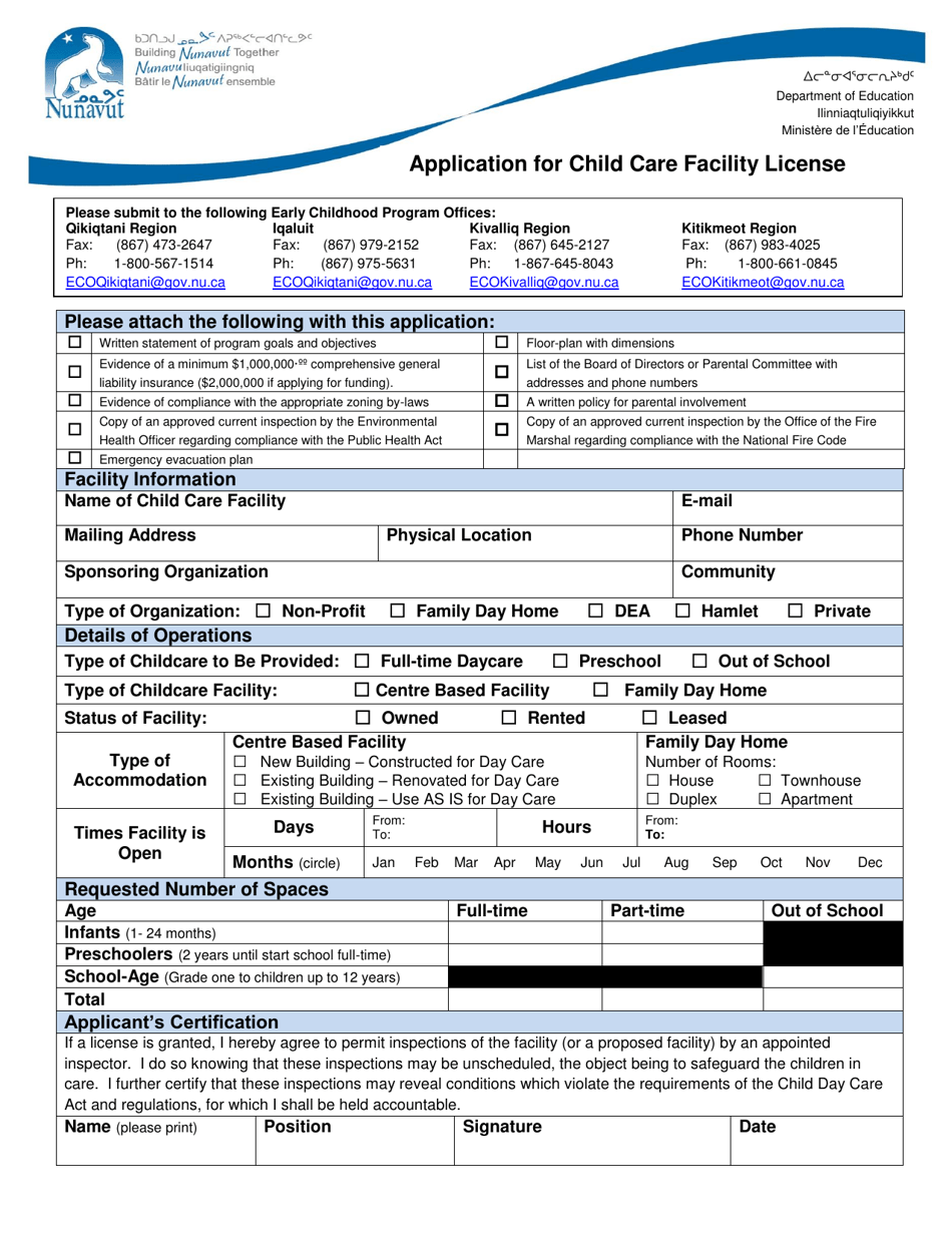 Nunavut Canada Application for Child Care Facility License - Fill Out ...