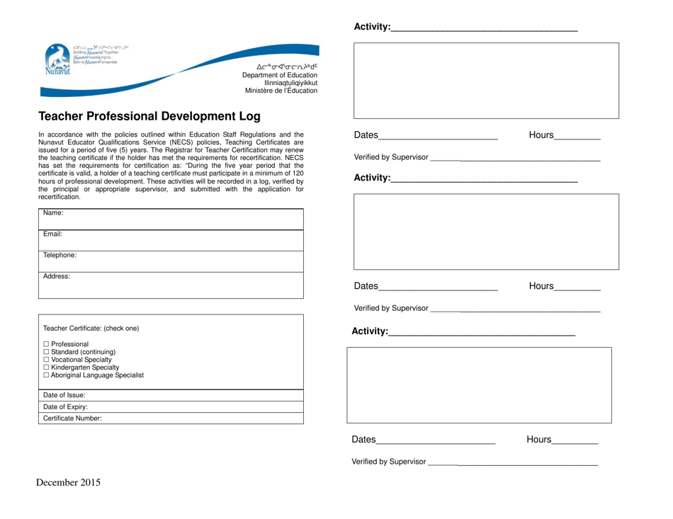 Nunavut Canada Teacher Professional Development Log - Fill Out, Sign ...