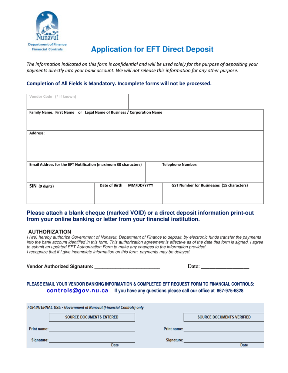 Nunavut Canada Application for Eft Direct Deposit - Fill Out, Sign ...