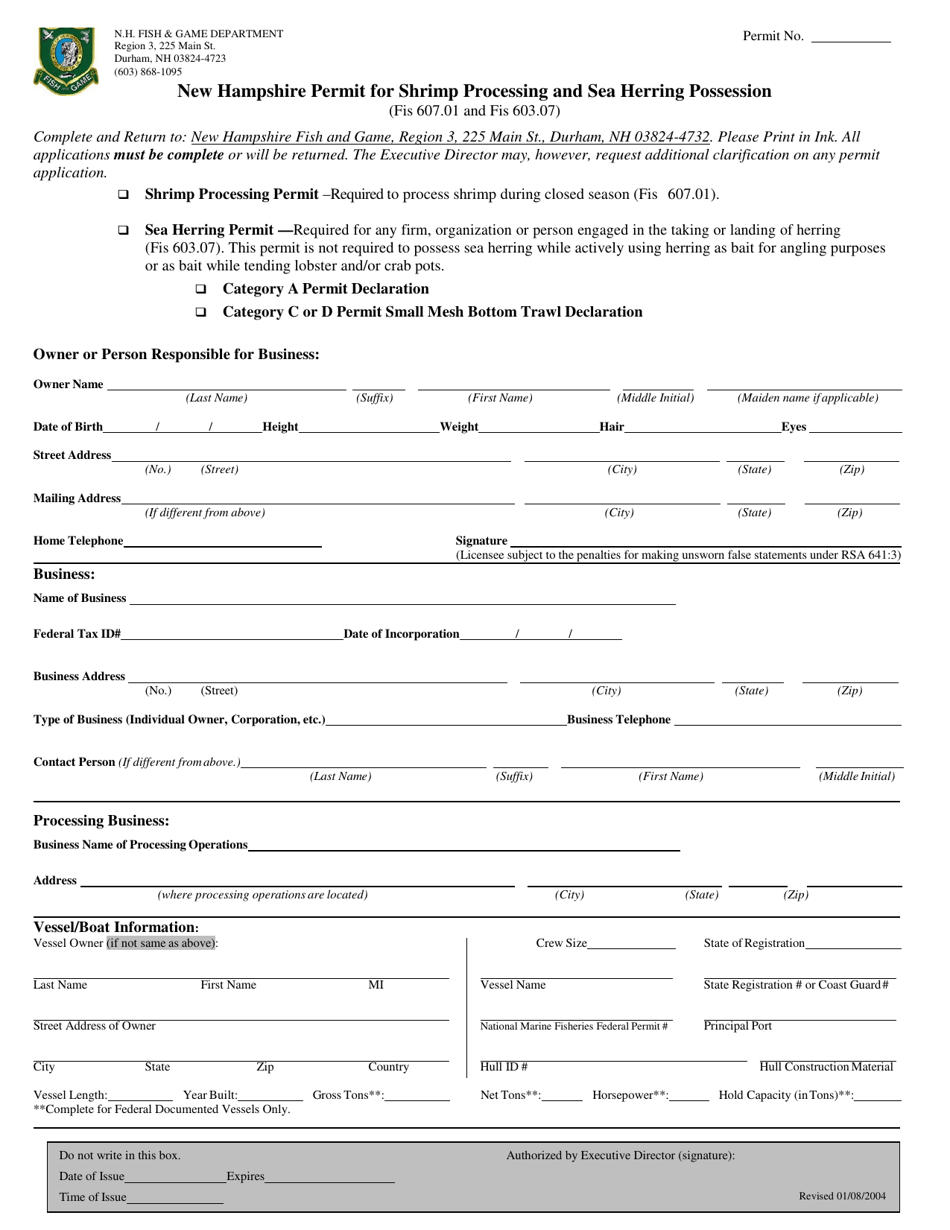 New Hampshire New Hampshire Permit for Shrimp Processing and Sea ...