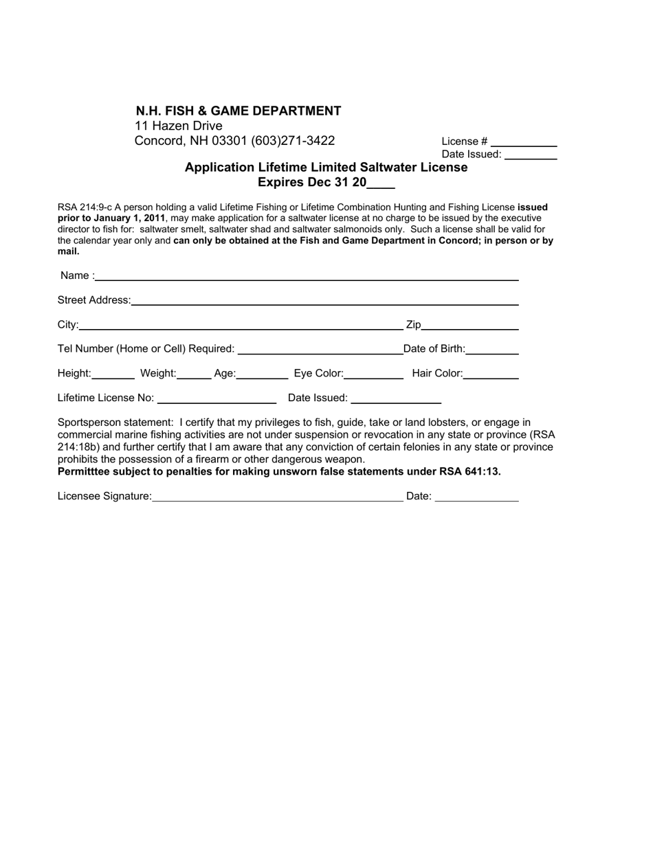 New Hampshire Application Lifetime Limited Saltwater License - Fill Out ...