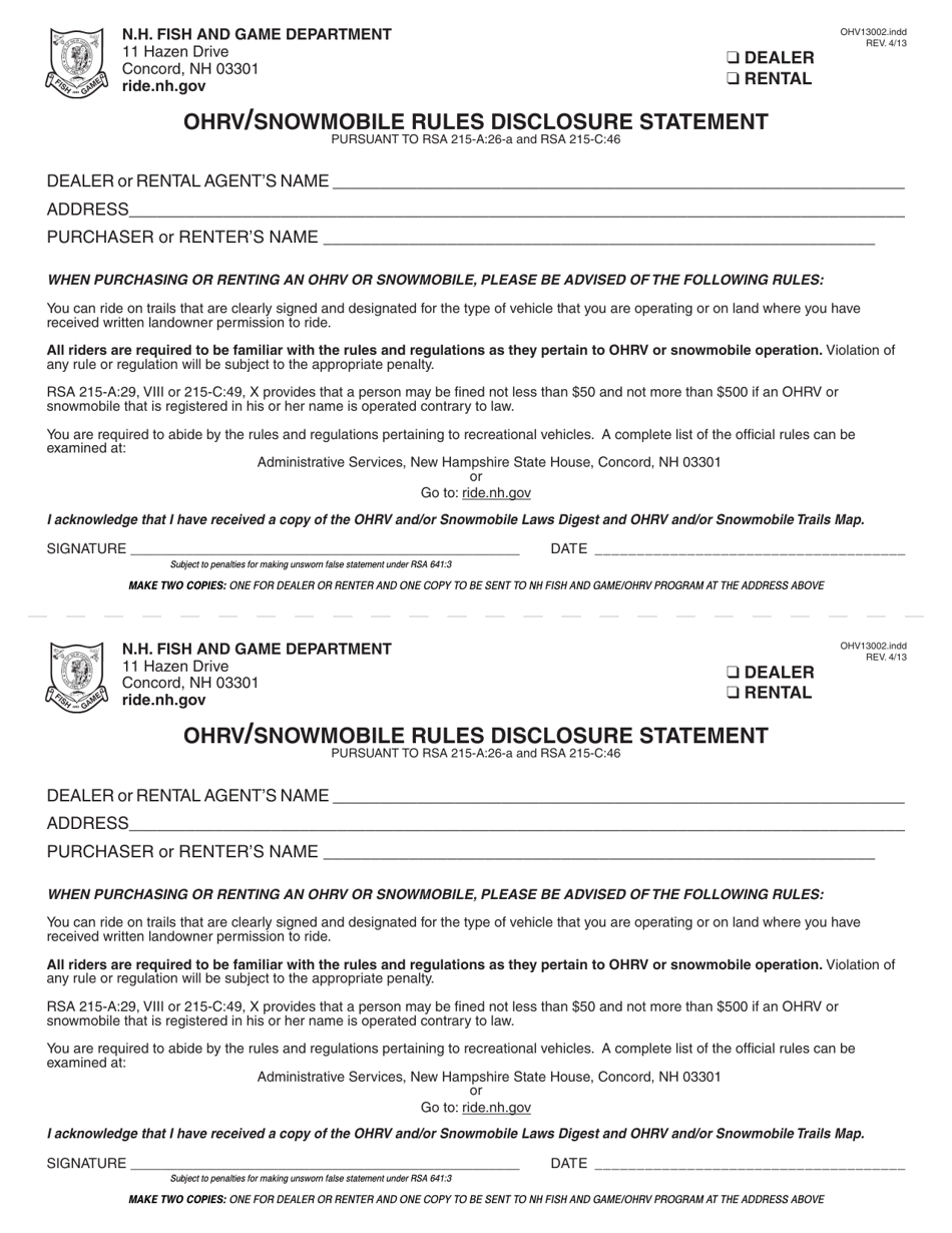 Form OHV13002 - Fill Out, Sign Online and Download Printable PDF, New ...