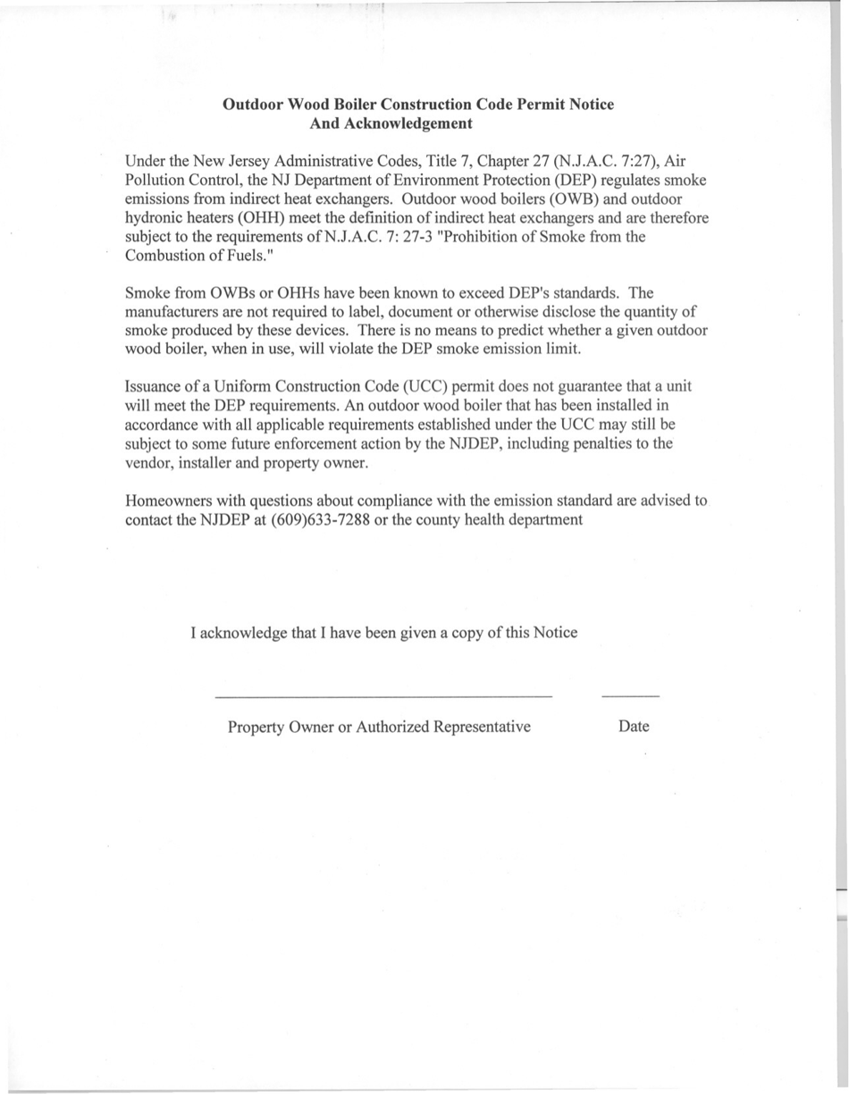 New Jersey Outdoor Wood Boiler Construction Code Permit Notice and ...