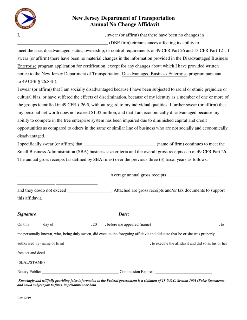 New Jersey Annual No Change Affidavit - Fill Out, Sign Online and Download PDF | Templateroller