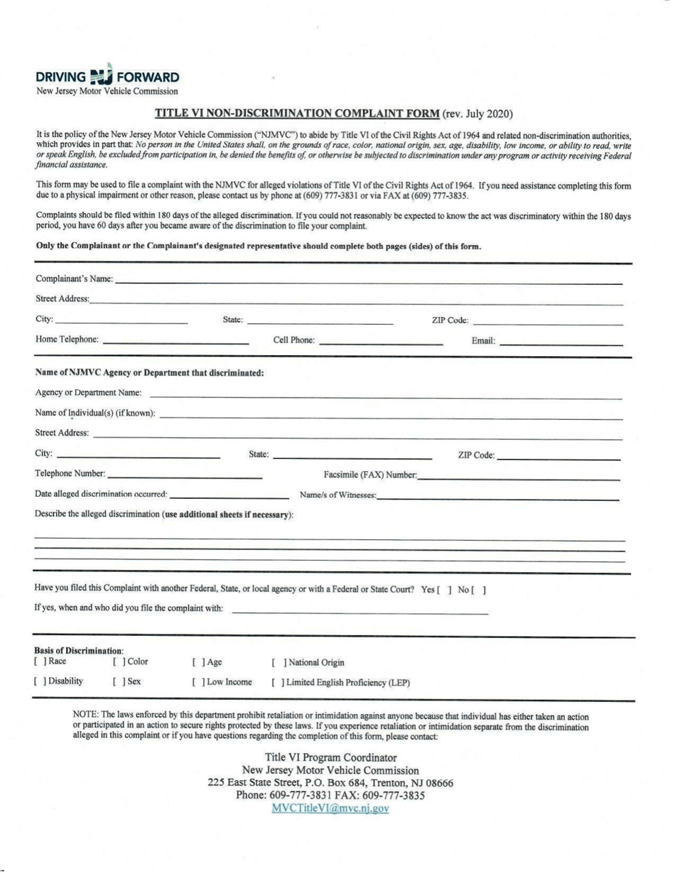 New Jersey Title VI Non-discrimination Complaint Form - Fill Out, Sign ...
