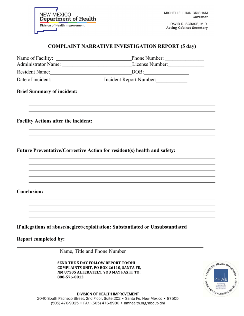 New Mexico Complaint Narrative Investigation Report (5 Day) - Fill Out ...