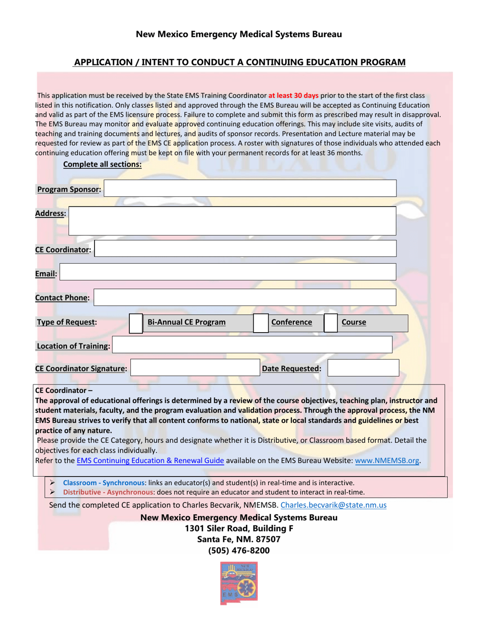 New Mexico Application/Intent to Conduct a Continuing Education Program ...