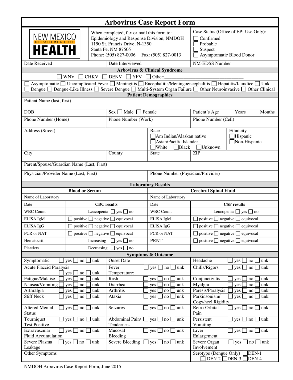 New Mexico Arbovirus Case Report Form - Fill Out, Sign Online and Download PDF | Templateroller