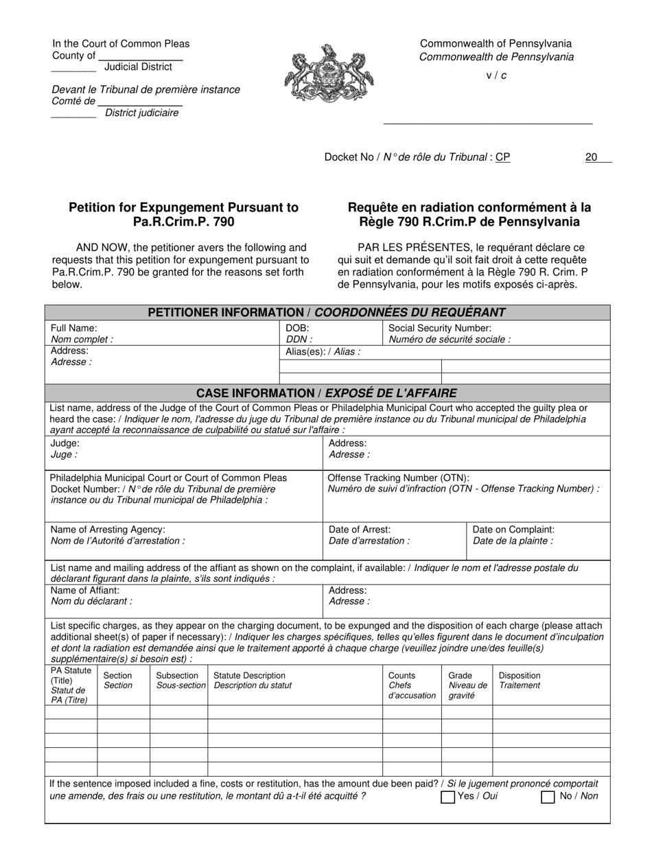 Pennsylvania Petition for Expungement Pursuant to Pa.r.crim.p. 790 ...