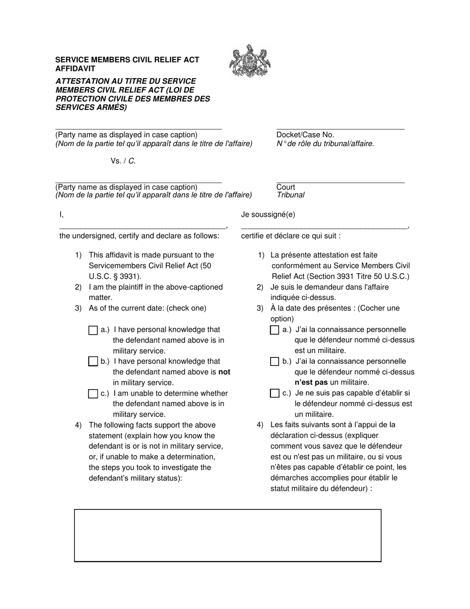 Pennsylvania Servicemembers Civil Relief Act Affidavit (English/French ...