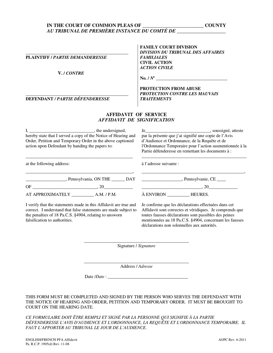 Pennsylvania Affidavit of Service (English/French) - Fill Out, Sign ...