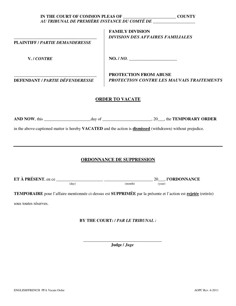 Pennsylvania Order to Vacate (English/French) - Fill Out, Sign Online ...