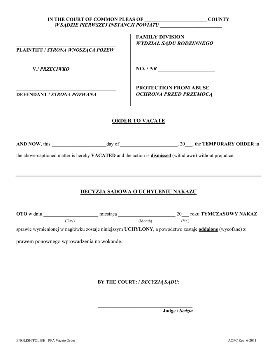 Pennsylvania Order to Vacate (English/Polish) - Fill Out, Sign Online ...