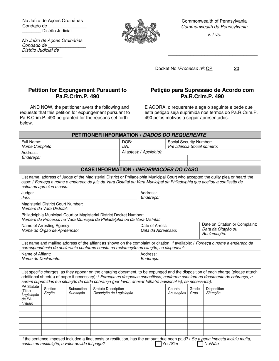 Pennsylvania Petition for Expungement Pursuant to Pa.r.crim.p. 490 ...