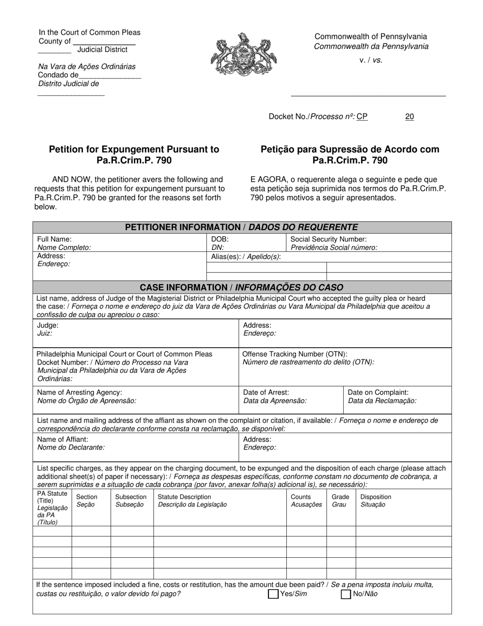 Pennsylvania Petition for Expungement Pursuant to Pa.r.crim.p. 790 ...