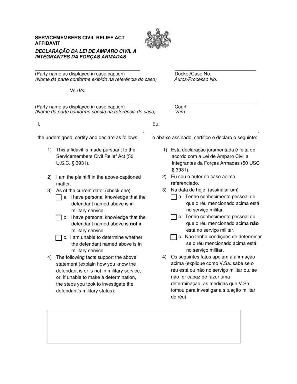 Pennsylvania Servicemembers Civil Relief Act Affidavit (English ...