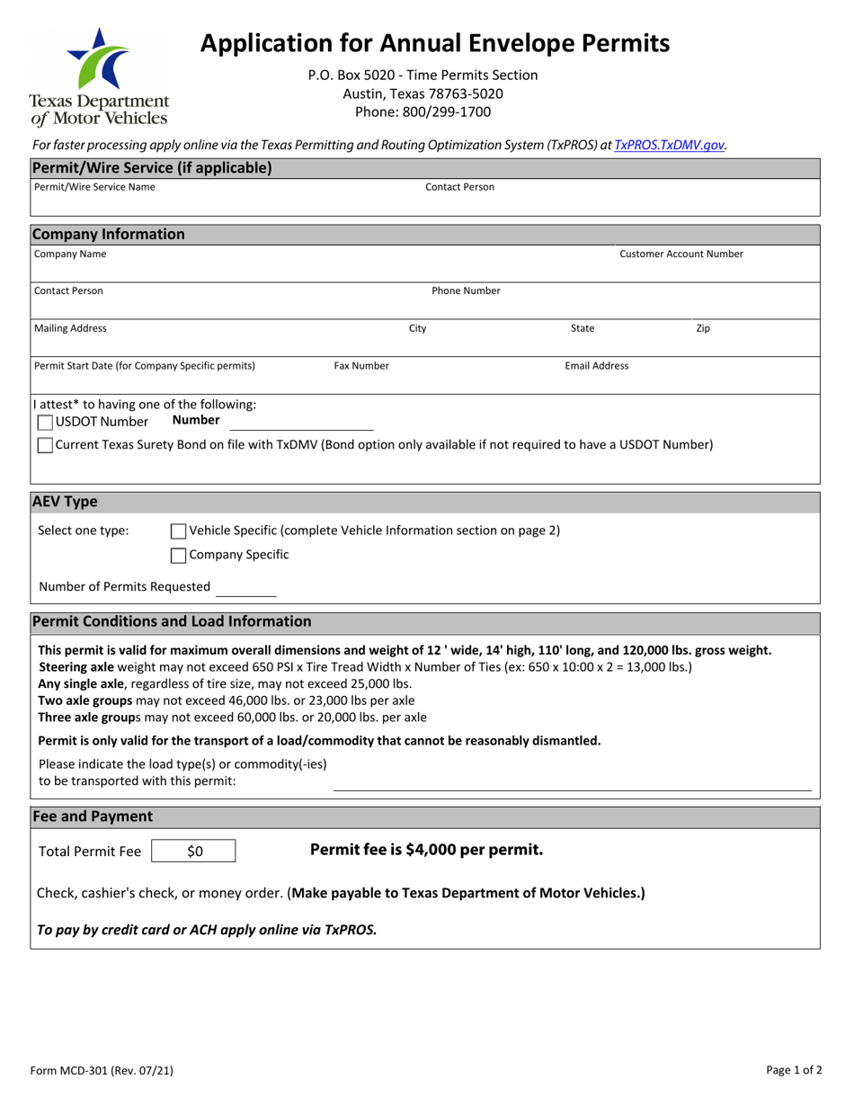 Form Mcd-301 Download Fillable Pdf Or Fill Online Application For ...