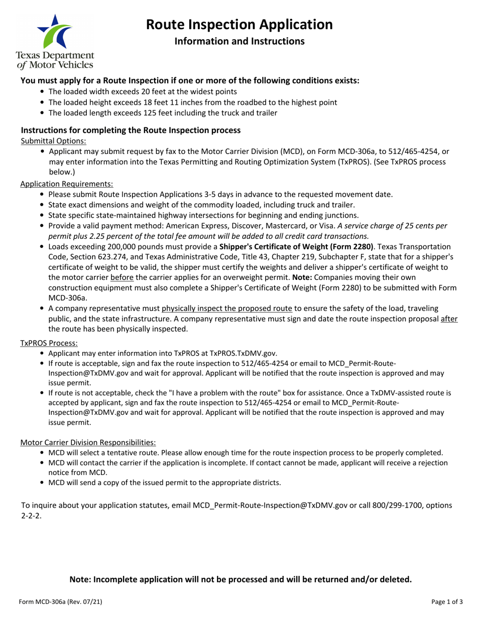 Form MCD-306A Download Fillable PDF or Fill Online Route Inspection ...