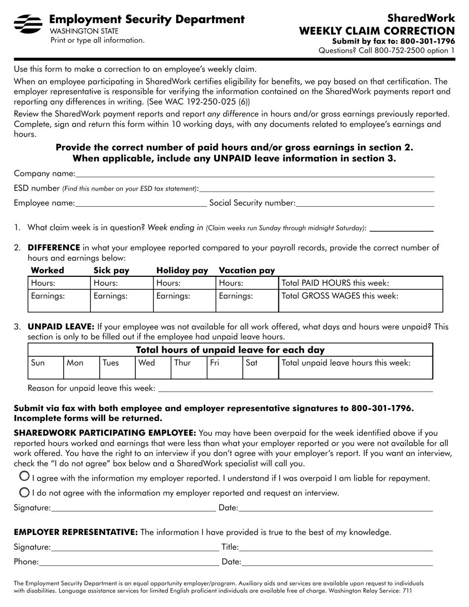 Washington Weekly Claim Correction - Sharedwork - Fill Out, Sign Online ...