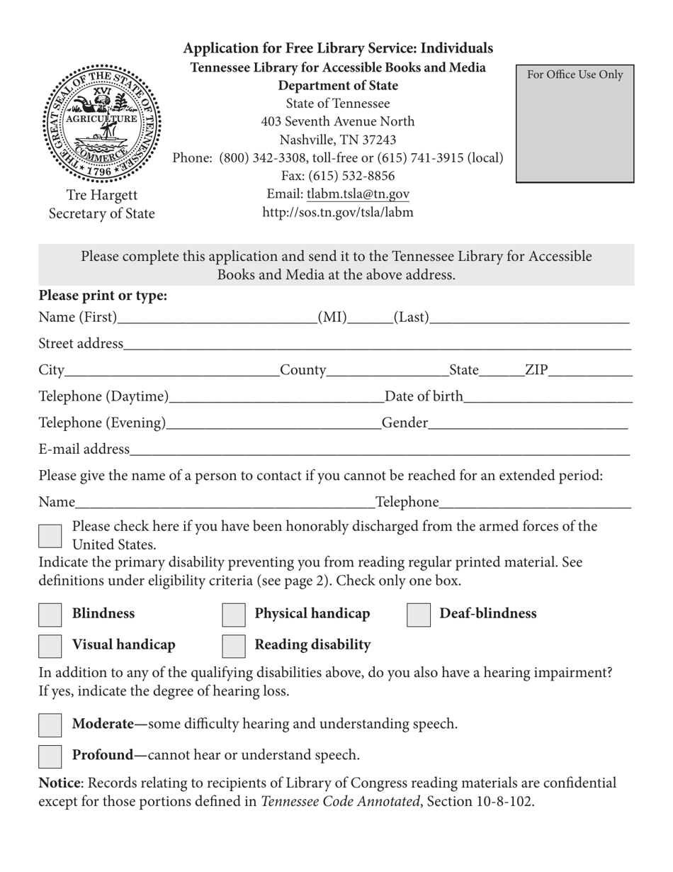 Tennessee Application for Free Library Service - Individuals - Fill Out ...