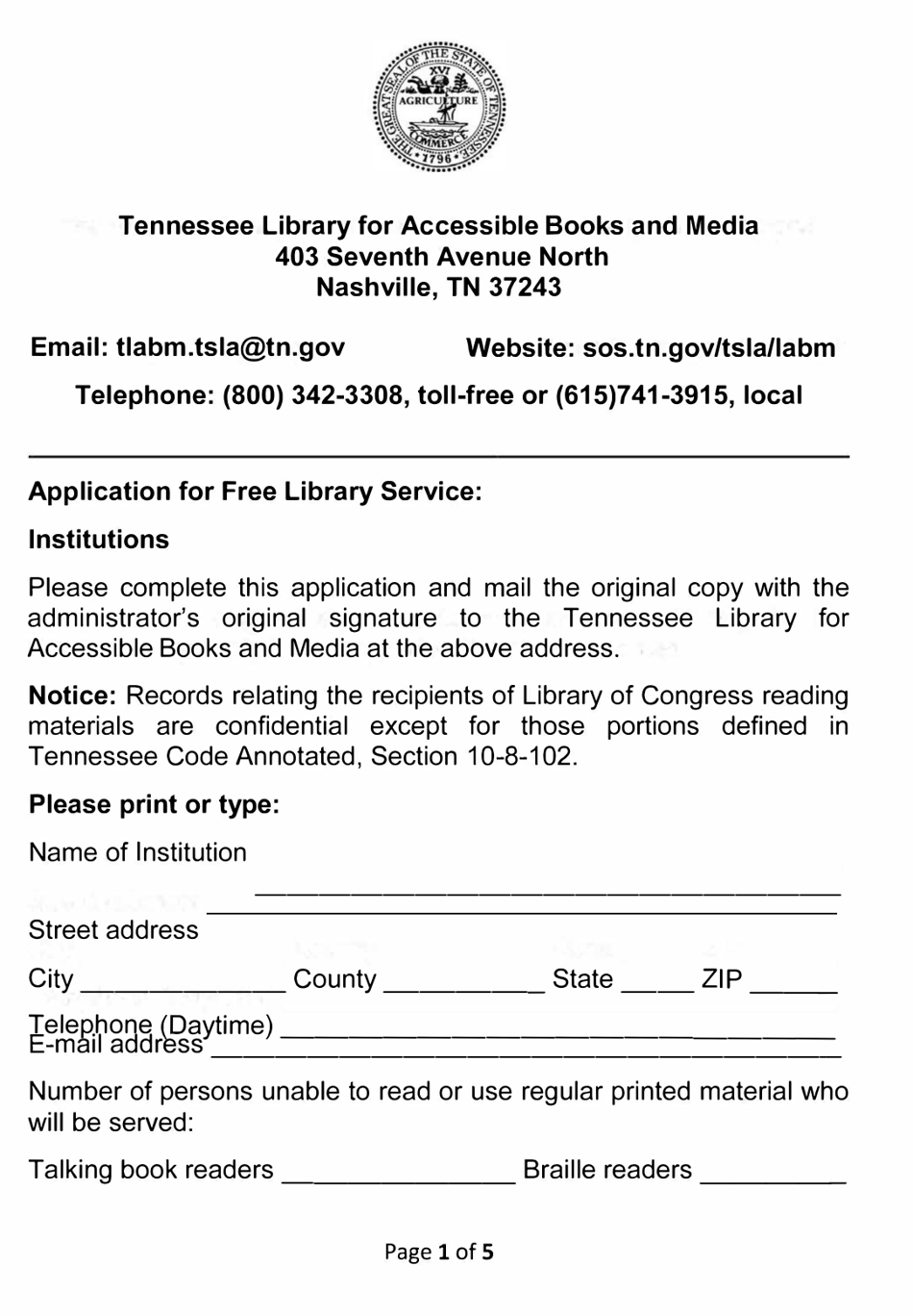 Tennessee Application for Free Library Service - Institutions - Fill ...