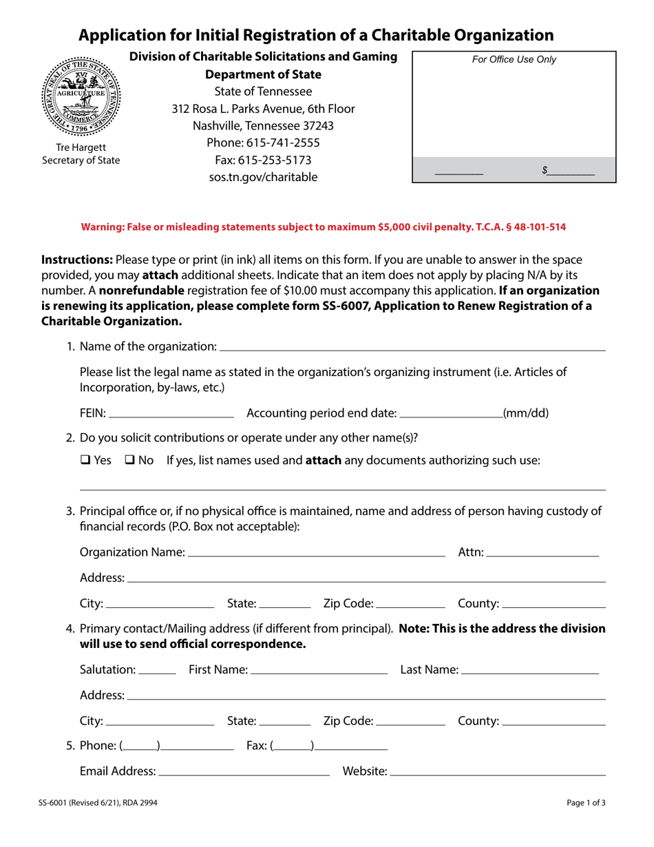 Form SS-6001 - Fill Out, Sign Online and Download Printable PDF, Tennessee | Templateroller