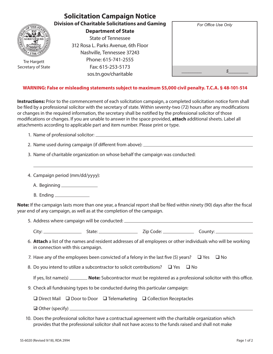 Form SS-6020 - Fill Out, Sign Online and Download Fillable PDF ...